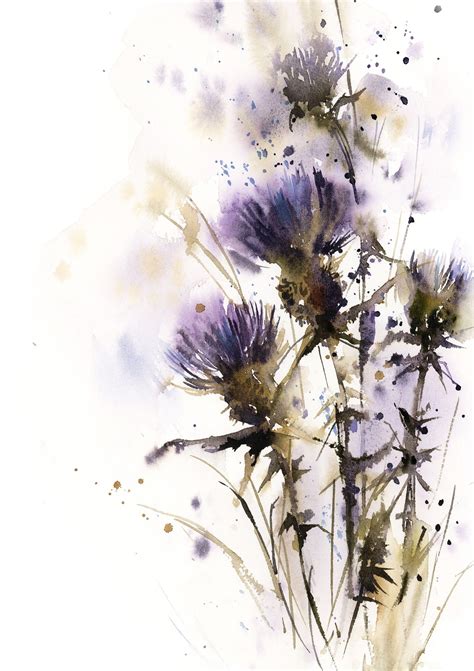 Watercolor Painting Of Purple Flowers On White Background