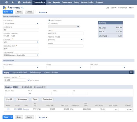 Netsuite Applications Suite Applying A Payment On The Customer