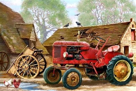 An Old Red Tractor Parked In Front Of A Farm House With Chickens On The
