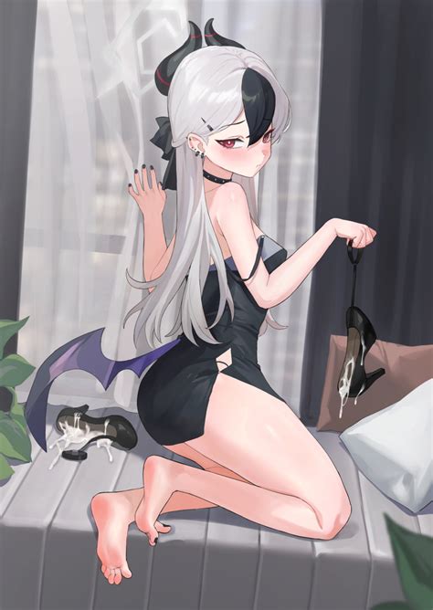 Rule 34 T Absurdres Bare Legs Barefoot Black Choker Black Dress Black Hair Black Panties Blue