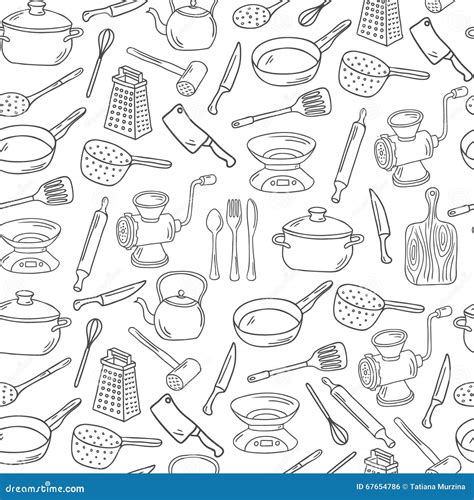 Vector Hand Drawn Kitchen Tools Seamless Pattern Stock Vector