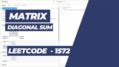 matrix diagonal sum leetcode 1572 c hindi youtube