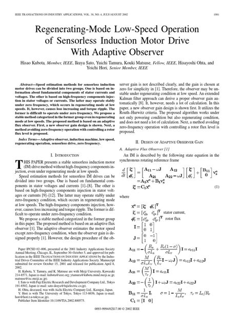 regenerating mode low speed operation of sensorless induction motor drive with adaptive observer