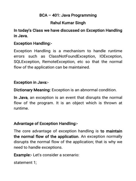 java exception handling notes pdf class computer programming java programming language