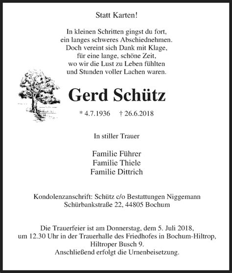 Traueranzeigen von Gerd Schütz Trauer in NRW de