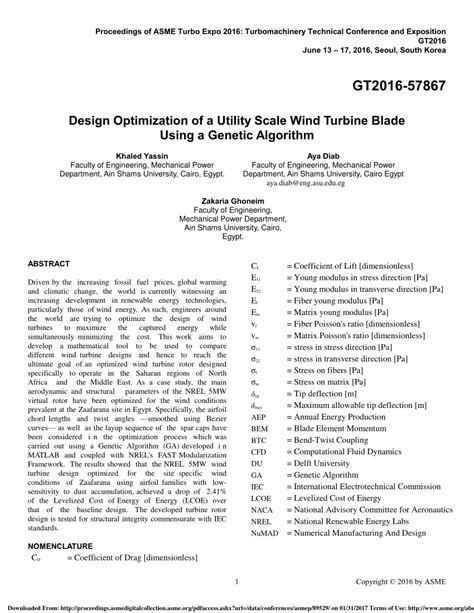 pdf design optimization of a utility scale wind turbine blade using a genetic algorithm