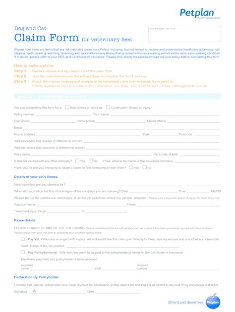 2018 AU Petplan Veterinary Fees Claim Form Fill Online Printable
