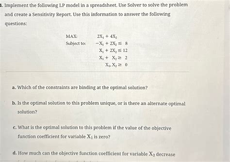 solved implement the following lp model in a spreadsheet