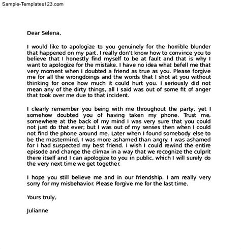 Apology Letter To Friend For Misunderstanding Sample Templates