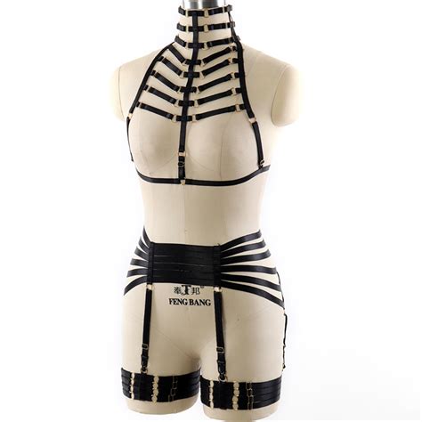 Black Bdsm Bondage Lingerie Set Adjustable Punk Goth Full Body Harness