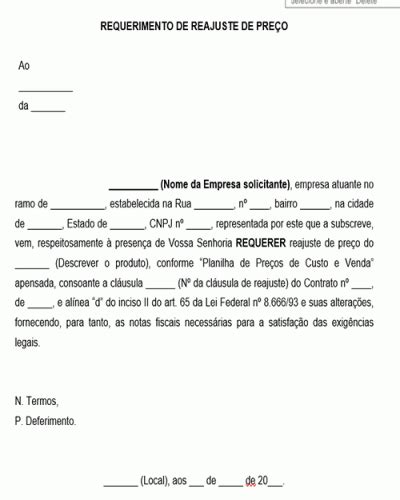 Referência para um Requerimento Solicitação de Reajuste de Preço