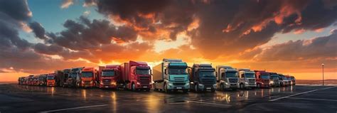 Premium AI Image A Row Of Semi Trucks Parked In A Parking Lot On