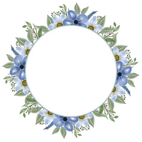 Moldura de círculo flor azul e borda de folha Vetor Premium