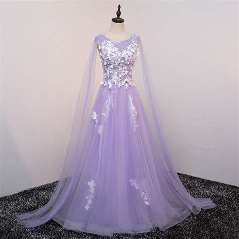 Light Purple Floor Length Prom Dresses With Long Sleeve Handmade