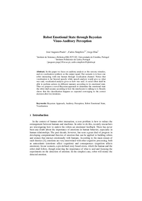 pdf robot emotional state through bayesian visuo auditory perception jose prado and carlos