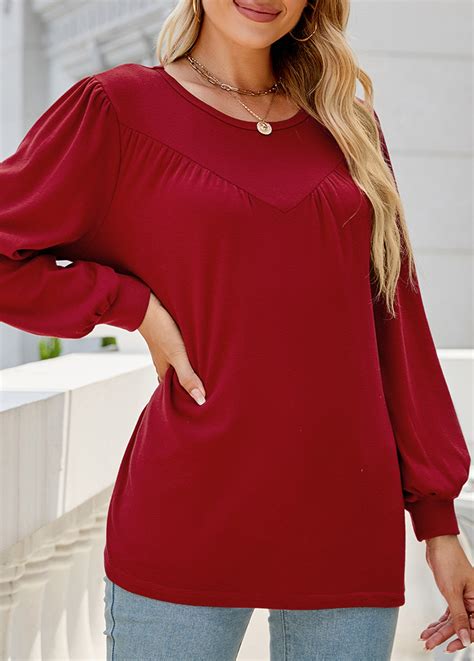 Wine Red Patchwork Long Sleeve Round Neck Blouse Modlily USD 17 98