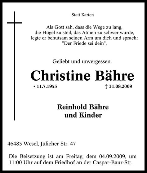 Trauer und Todesanzeigen von Christine Bähre Trauer de
