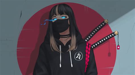 Wallpaper Anime Girls Katana Glowing Eyes Mask X
