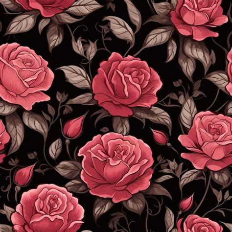 Premium AI Image Seamless Floral Pattern With Red Roses On Black