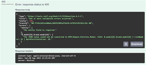 The JSON Value Could Not Be Converted To NTM Domain Entities Model