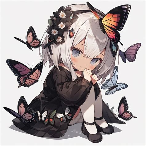 Una niña con una mariposa en la cabeza está rodeada de mariposas