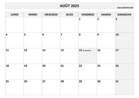 Calendrier Août 2025 à consulter ou imprimer Calendrier best