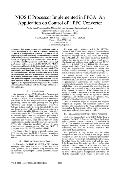 pdf nios ii processor implemented in fpga an application on control of a pfc converter