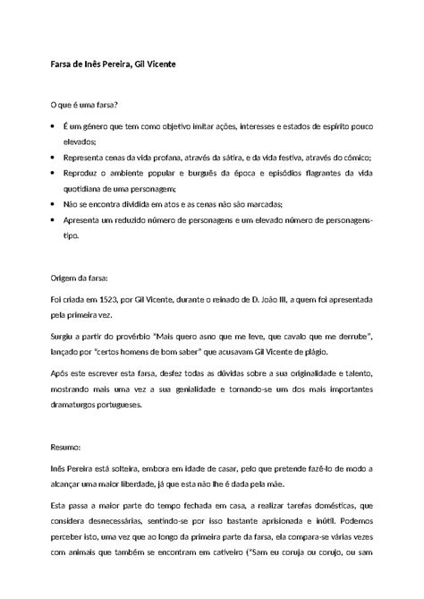 Resumo sobre a Farsa de Inês Pereira Farsa de Inês Pereira Gil