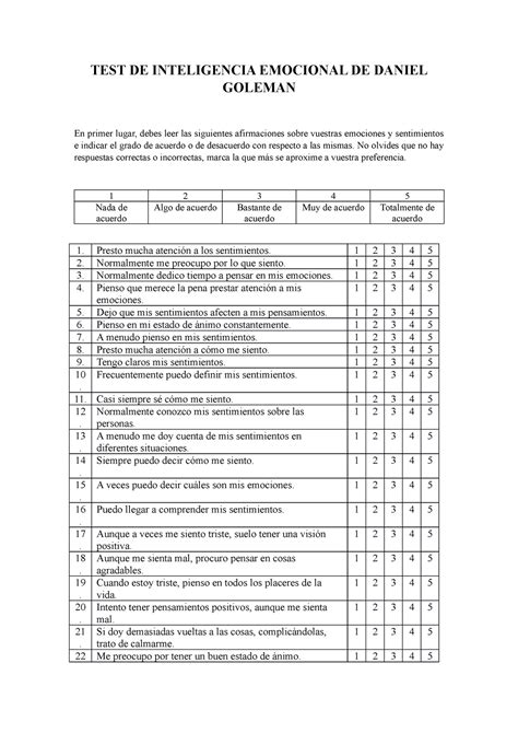 TEST DE Inteligencia Emocional DE Daniel Goleman TEST DE INTELIGENCIA