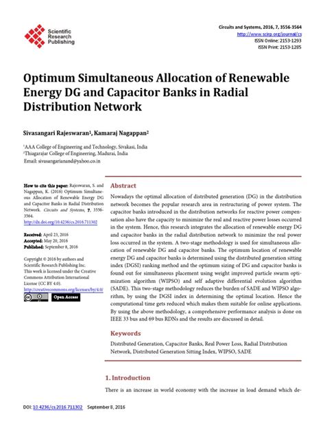 optimum simultaneous allocation of renewable energy dg and capacitor banks in radial