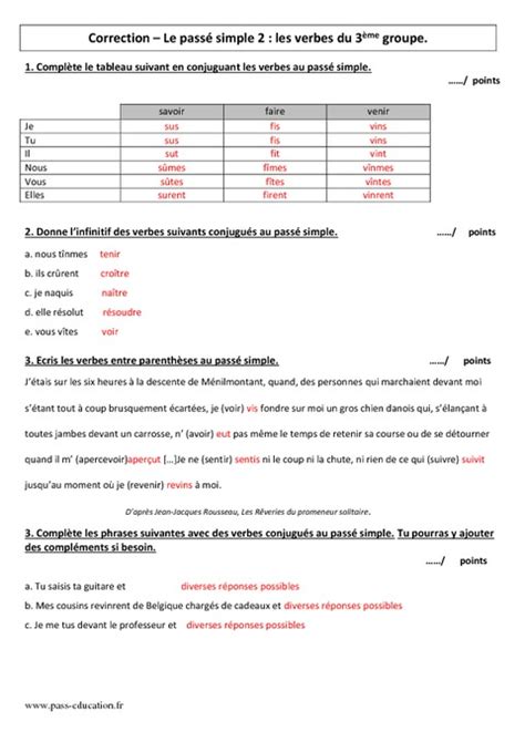 Passé simple 6ème Contrôle corrigé Verbes du 3ème groupe Pass