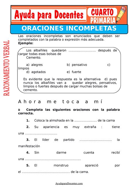 Oraciones Incompletas Para Cuarto De Primaria Las Oraciones