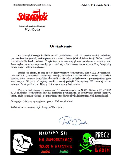 Precz z Zielonym Ładem Oświadczenie Piotra Dudy Solidarność Małopolska