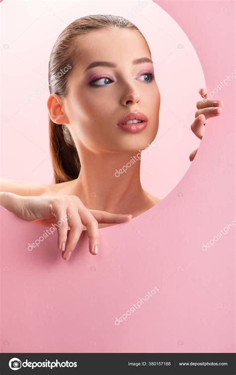 Portrait Beautiful Naked Woman Shiny Makeup Looking Paper Hole Isolated