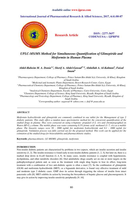 pdf uplc ms ms method for simultaneous quantification of glimepiride and metformin in human plasma