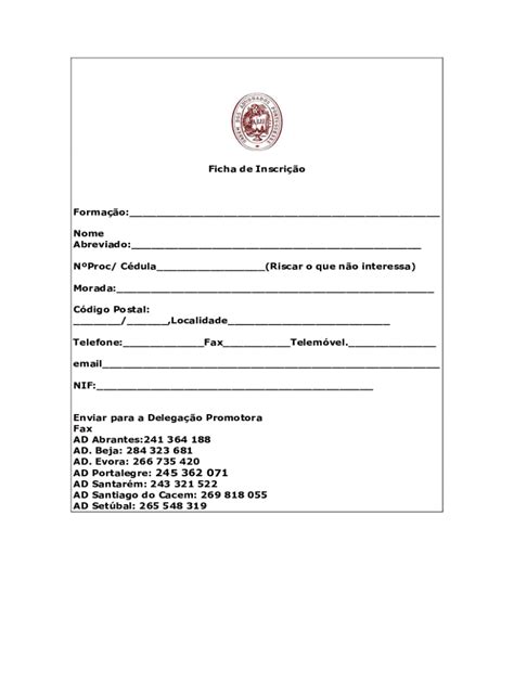 Preench Vel Dispon Vel Ficha De Inscrio Ad S Doc Fax Email Imprimir