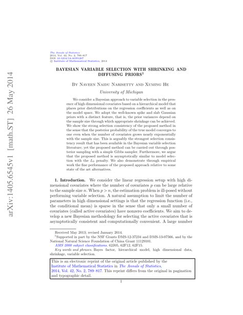 pdf bayesian variable selection with shrinking and diffusing priors