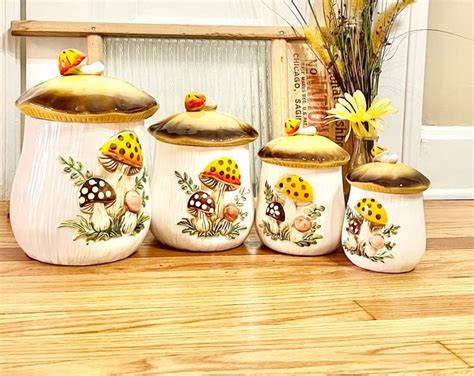Vintage Merry Mushroom Ceramic Canister Set Of Four 4 Sears Merry
