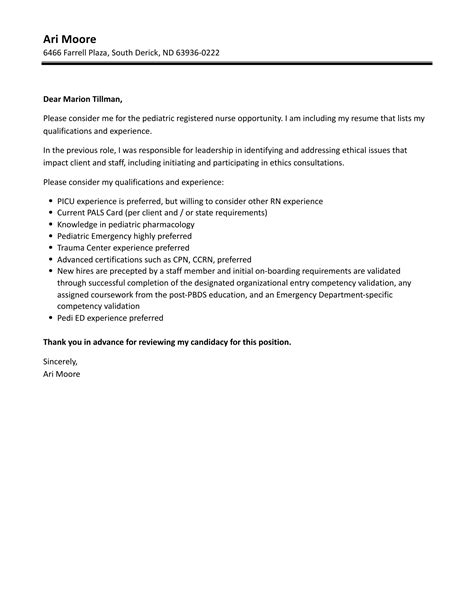 Pediatric Registered Nurse Cover Letter Velvet Jobs