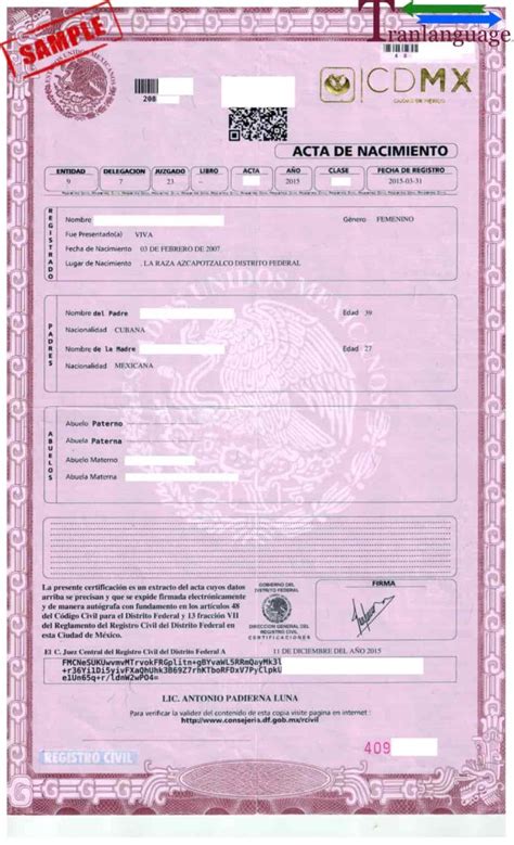 Birth Certificate Mexico IV Tranlanguage Certified Translations