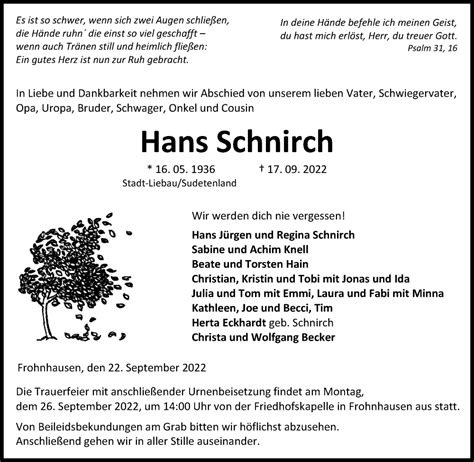 Traueranzeigen Von Hans Schnirch Vrm Trauer De