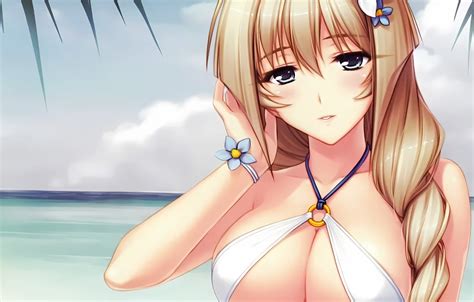Wallpaper Girl Sexy Cleavage Beach Long Hair Sea Boobs Anime For