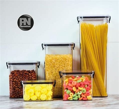 Kit 5 Potes Acrílico Herméticos Porta Mantimentos Tampa Trava