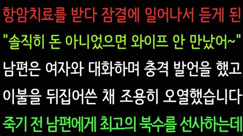 실화사연 항암치료를 받다 잠결에 일어나서 듣게 된 솔직히 돈 아니었으면 와이프 안 만났어 남편은 여자와 대화하며 충격