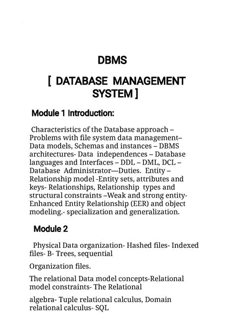 dbms syllabus dbms [ database management system ] module 1 introduction characteristics of