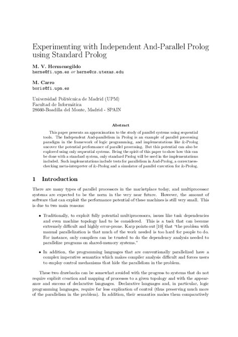 pdf experimenting with independent and parallel prolog using standard prolog manuel carro
