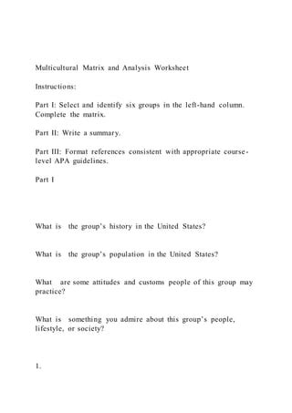 Multicultural Matrix And Analysis WorksheetInstructions PDF
