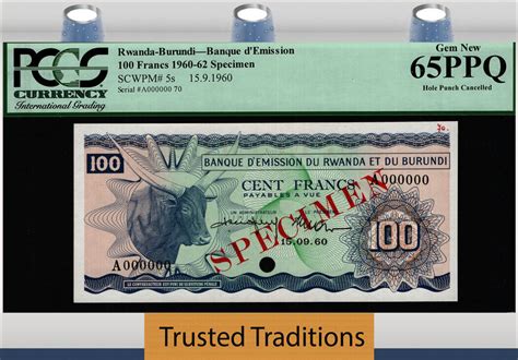Welt Banknoten 100 FRANCS TT PK 5s 1960 62 RWANDA BURUNDI SPECIMEN ZEBU