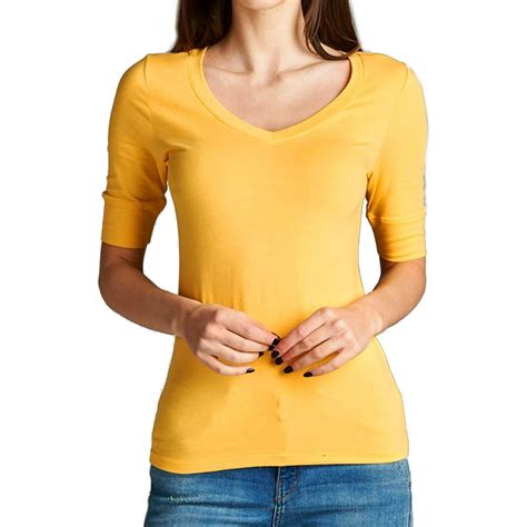 Snj Womens Basic Elbow Sleeve V Neck Cotton T Shirt Plain Top Plus Size Available Fast