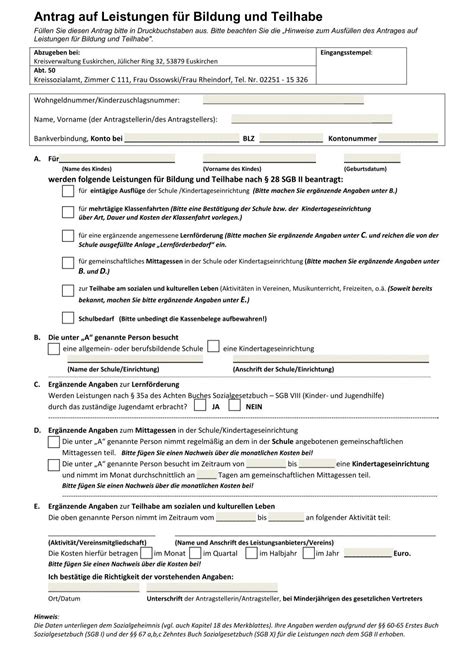 Antrag Auf Leistungen F R Bildung Und Teilhabe